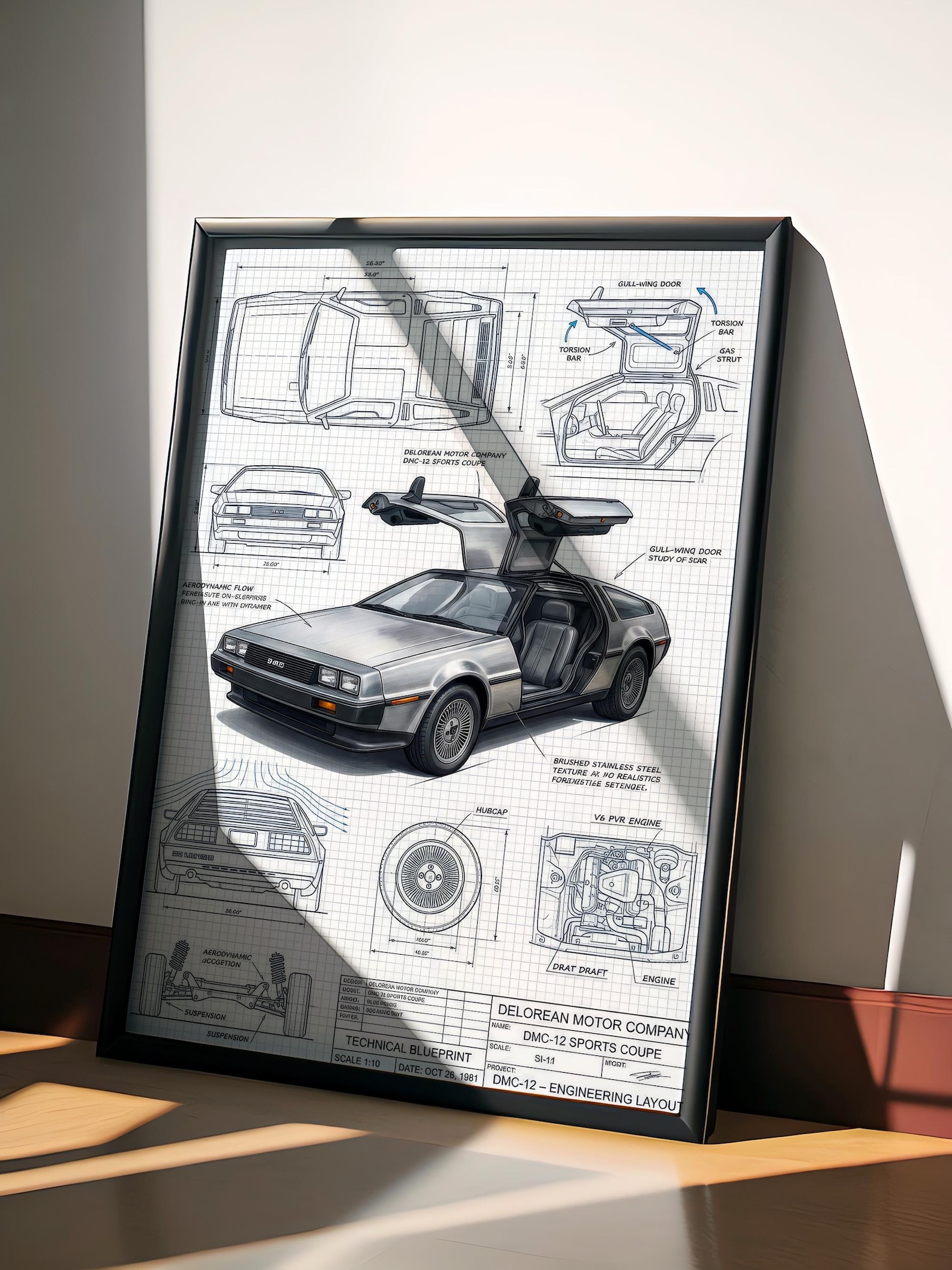 Delorean DMC-12 Blueprint Art | Retro Car Technical Drawing (digital ...