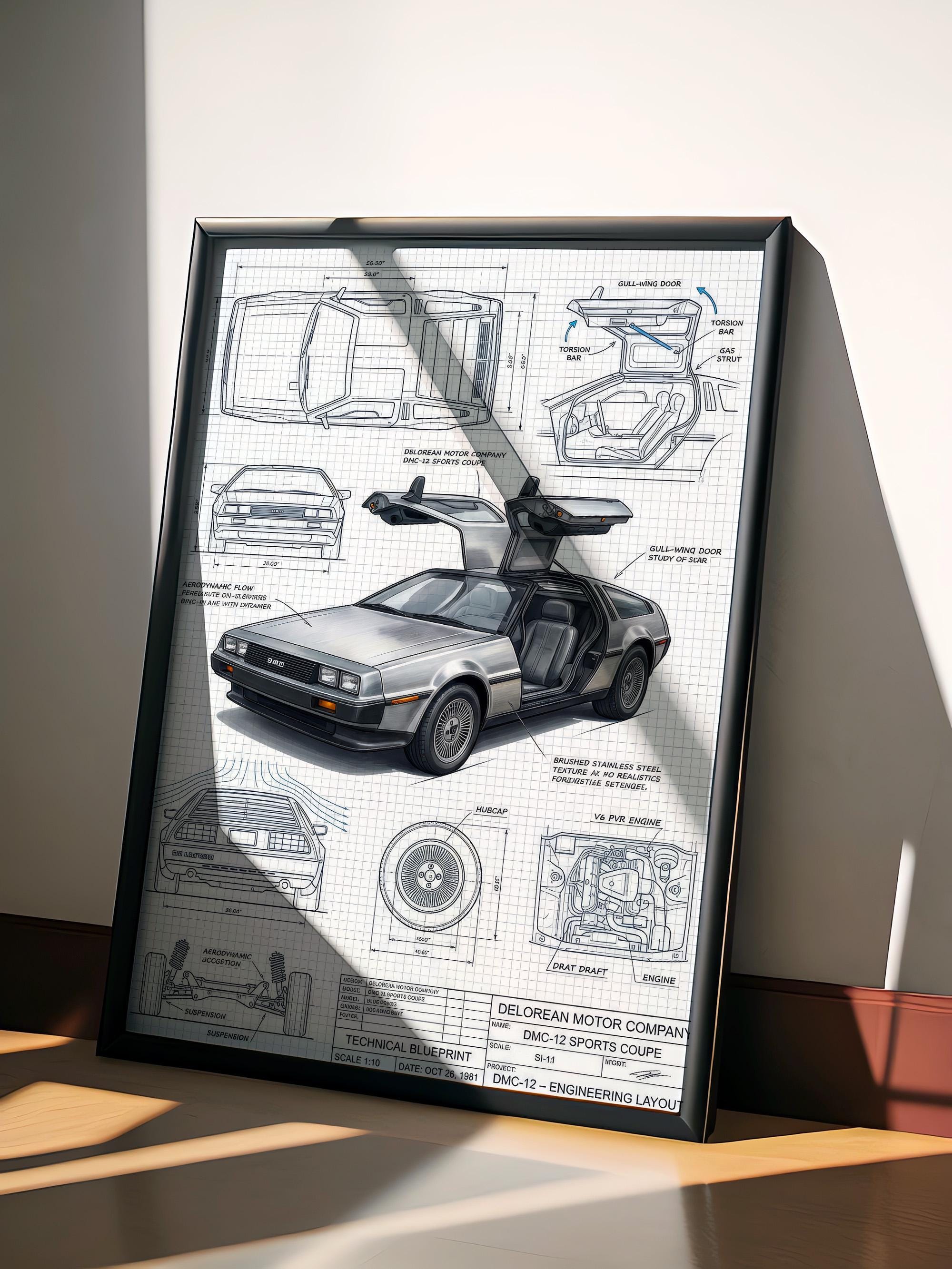 Delorean DMC-12 Blueprint Art | Retro Car Technical Drawing (digital ...
