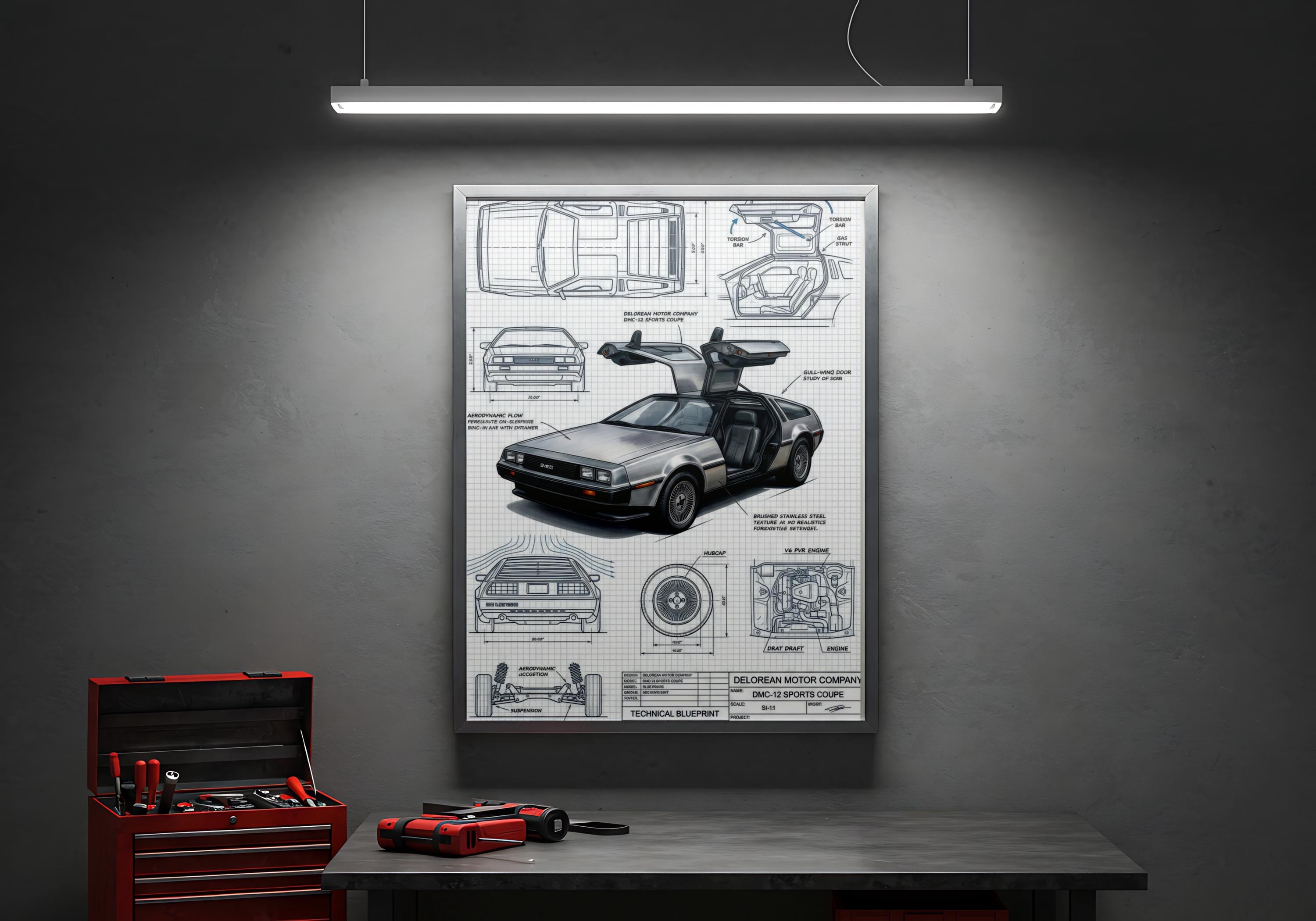 Delorean DMC-12 Blueprint Art | Retro Car Technical Drawing (digital ...