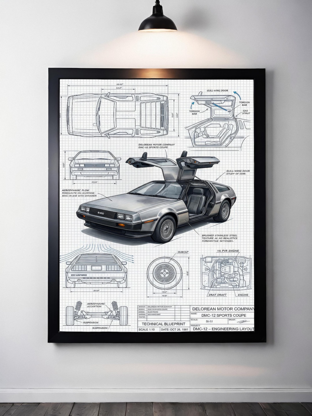 Delorean DMC-12 Blueprint Art | Retro Car Technical Drawing (digital ...