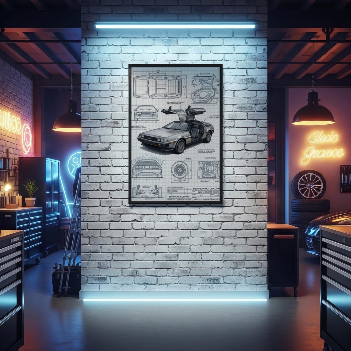 Delorean DMC-12 Blueprint Art | Retro Car Technical Drawing (digital ...