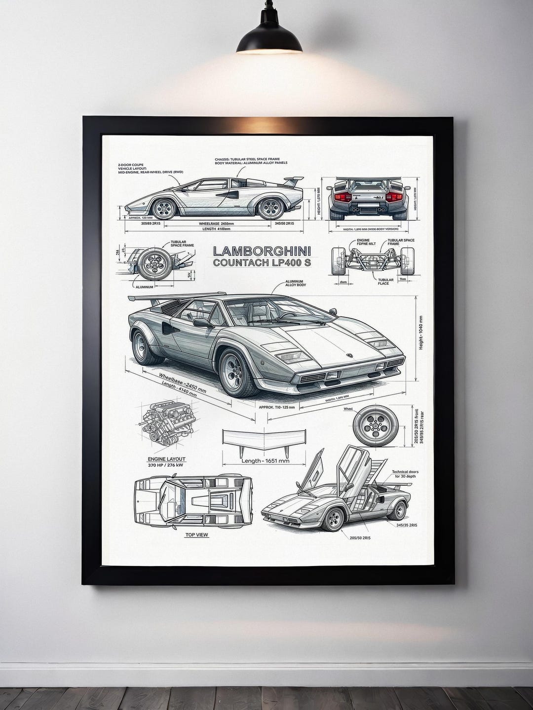 Lamborghini Countach Blueprint Art NEW | Classic Supercar Print ...