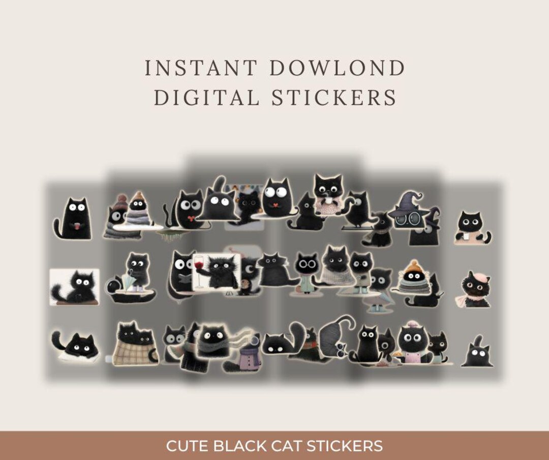 Black Cat Stickers, Cute Minimal Cat Stickers, Digital Planner, iPad ...