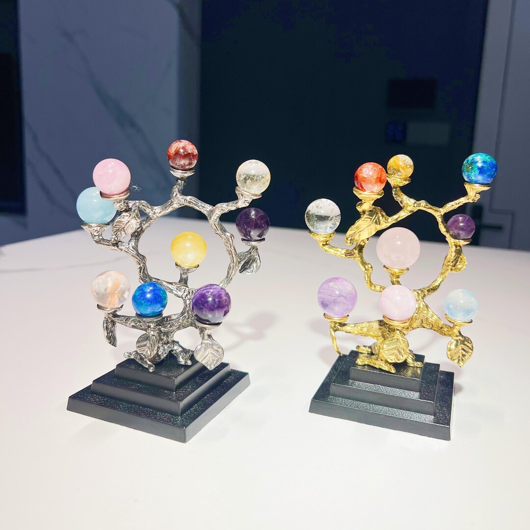 Mini Crystal Ball Set With Metal Base|9 Chakra Healing Gemstone Spheres ...