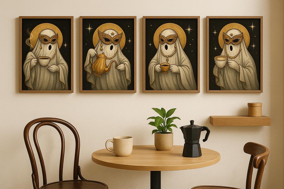 Set of 4 Ghost Coffee & Tea Prints | Whimsical Halloween Kitchen Wall ...