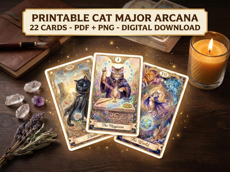 Printable 22 Major Arcana Tarot Cards, Celestial Cat Art Nouveau ...