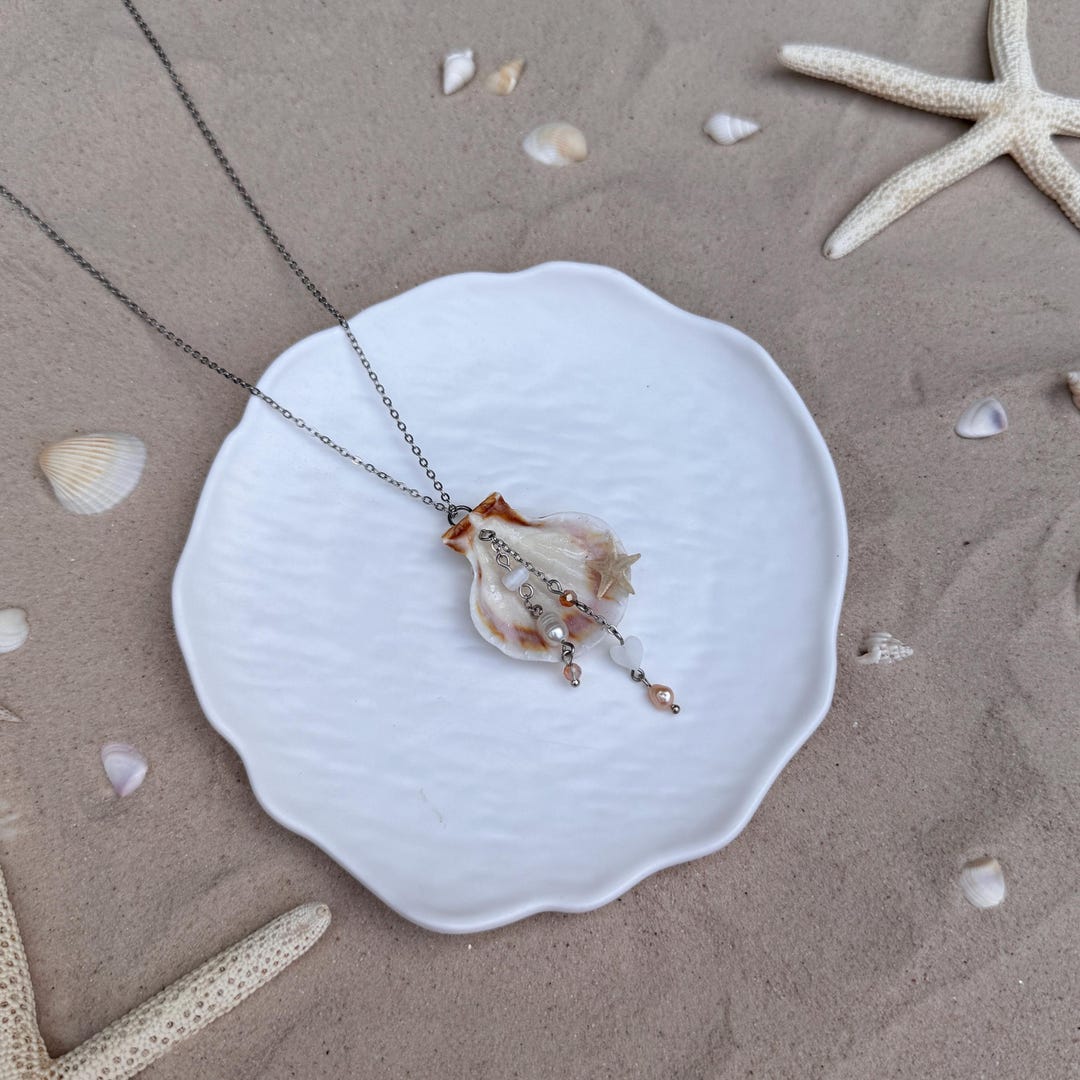 Handmade Seashell Necklace: Stainless Steel Chain & Freshwater Pearl - Etsy