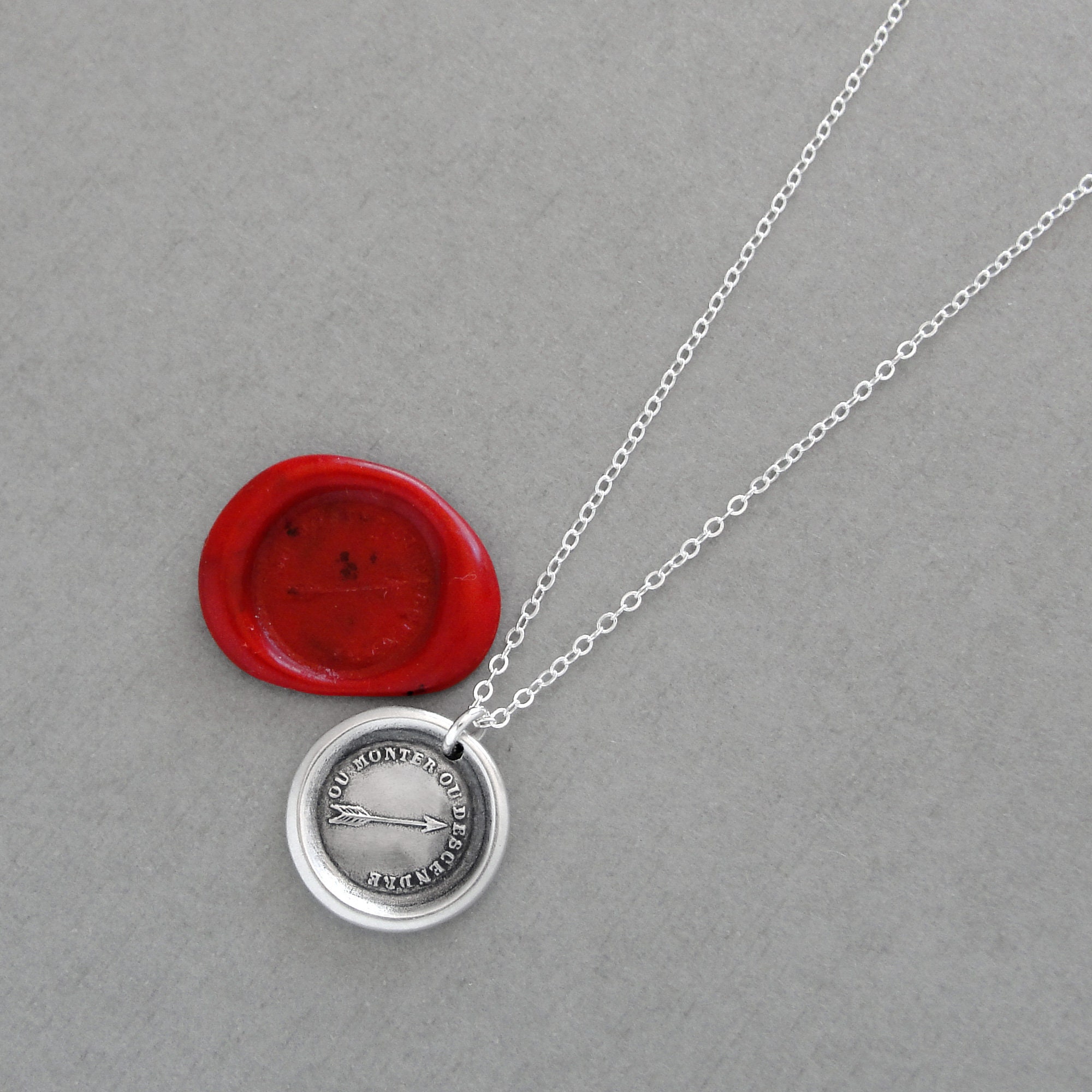 Arrow Wax Seal Necklace - to Rise - Antique Silver Charm Jewelry Motto ...