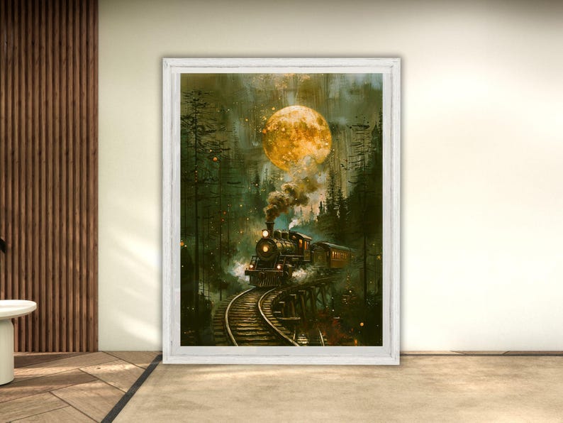 Moonlit Steam Engine Print | Vintage Train on Bridge Oil Painting ...