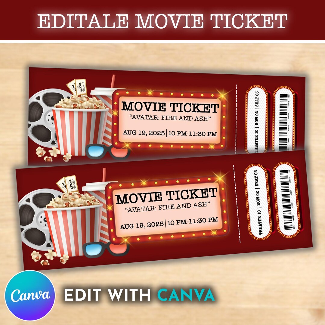 Editable Movie Ticket, Cinema Ticket, Movie Tickets Invitation, Ticket ...