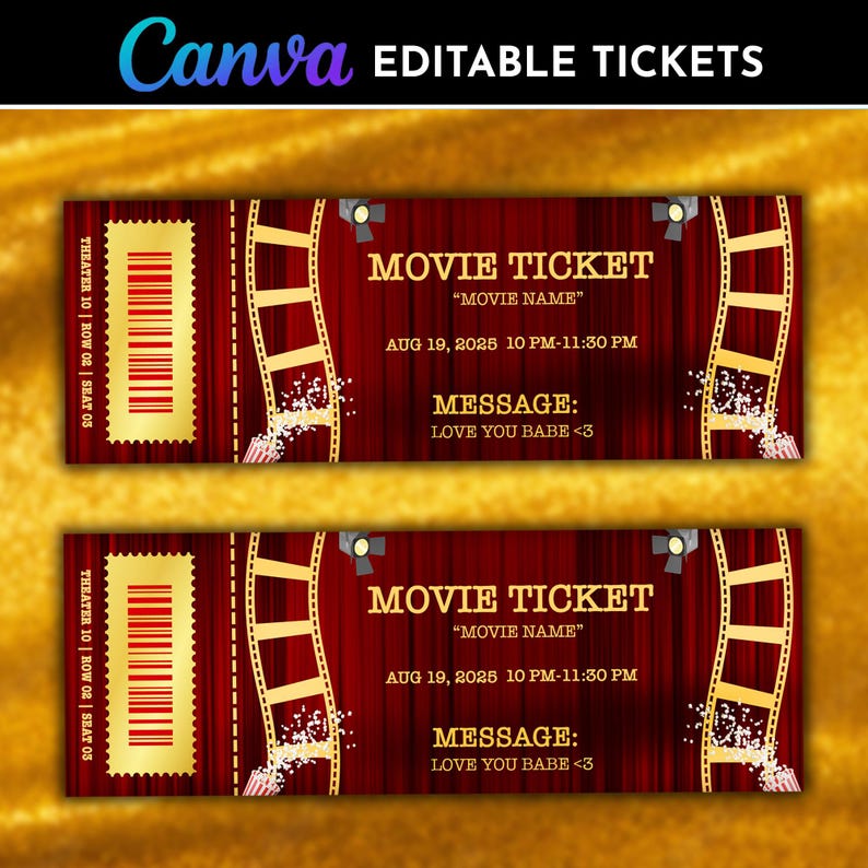 Editable Movie Ticket, Cinema Ticket, Movie Tickets Invitation, Ticket ...