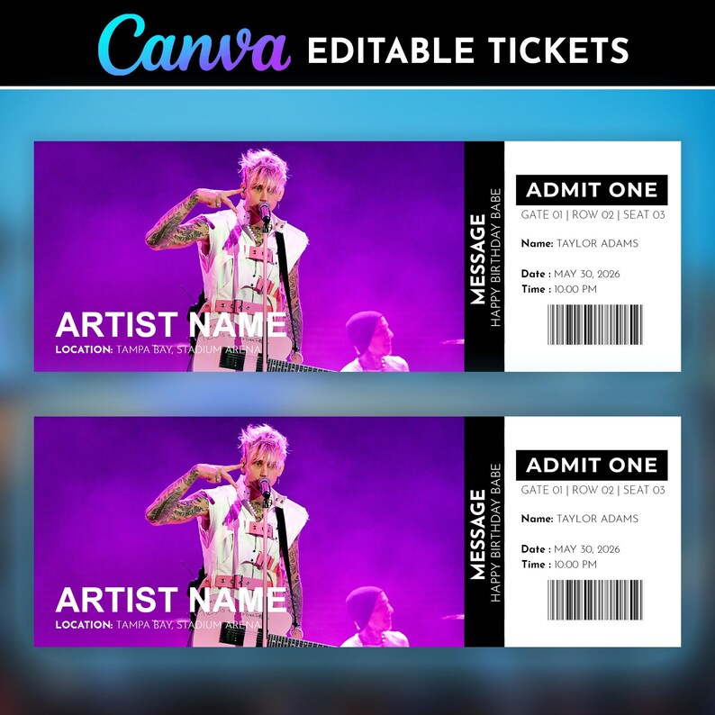 Editable Concert Ticket Canva Template, Concert Ticket Template Canva, Event Ticket, Event ...