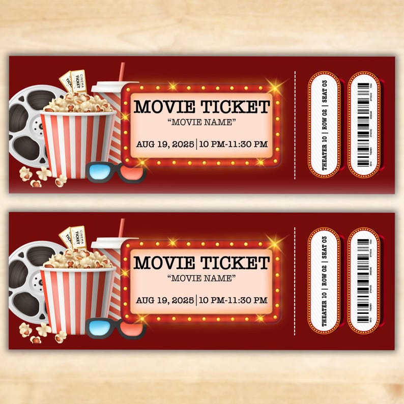 Editable Movie Ticket, Cinema Ticket, Movie Tickets Invitation, Ticket ...