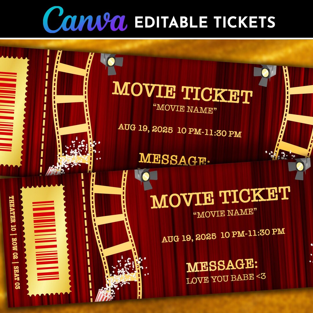 Editable Movie Ticket, Cinema Ticket, Movie Tickets Invitation, Ticket ...