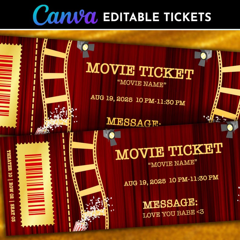 Editable Movie Ticket, Cinema Ticket, Movie Tickets Invitation, Ticket ...