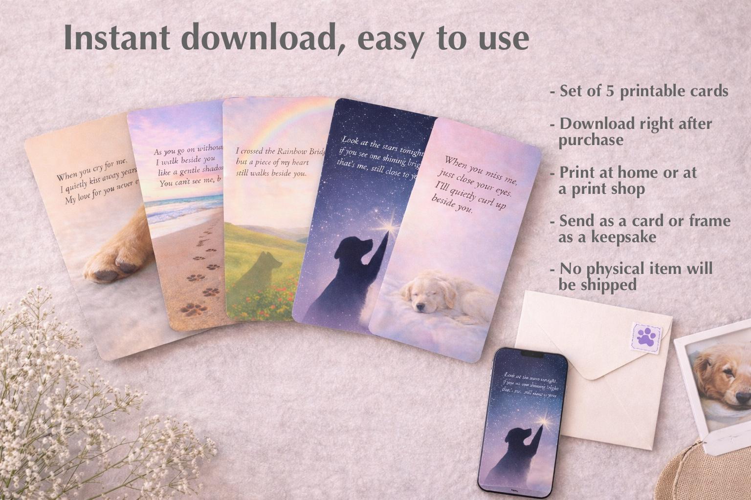 Printable Pet Loss Sympathy Cards, Set of 5 Dog Memorial Cards, Instant ...