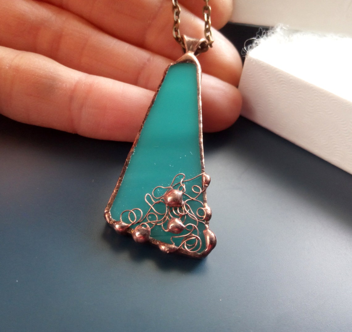 Stained Glass Necklace Artistic Pendant Turquoise Green - Etsy