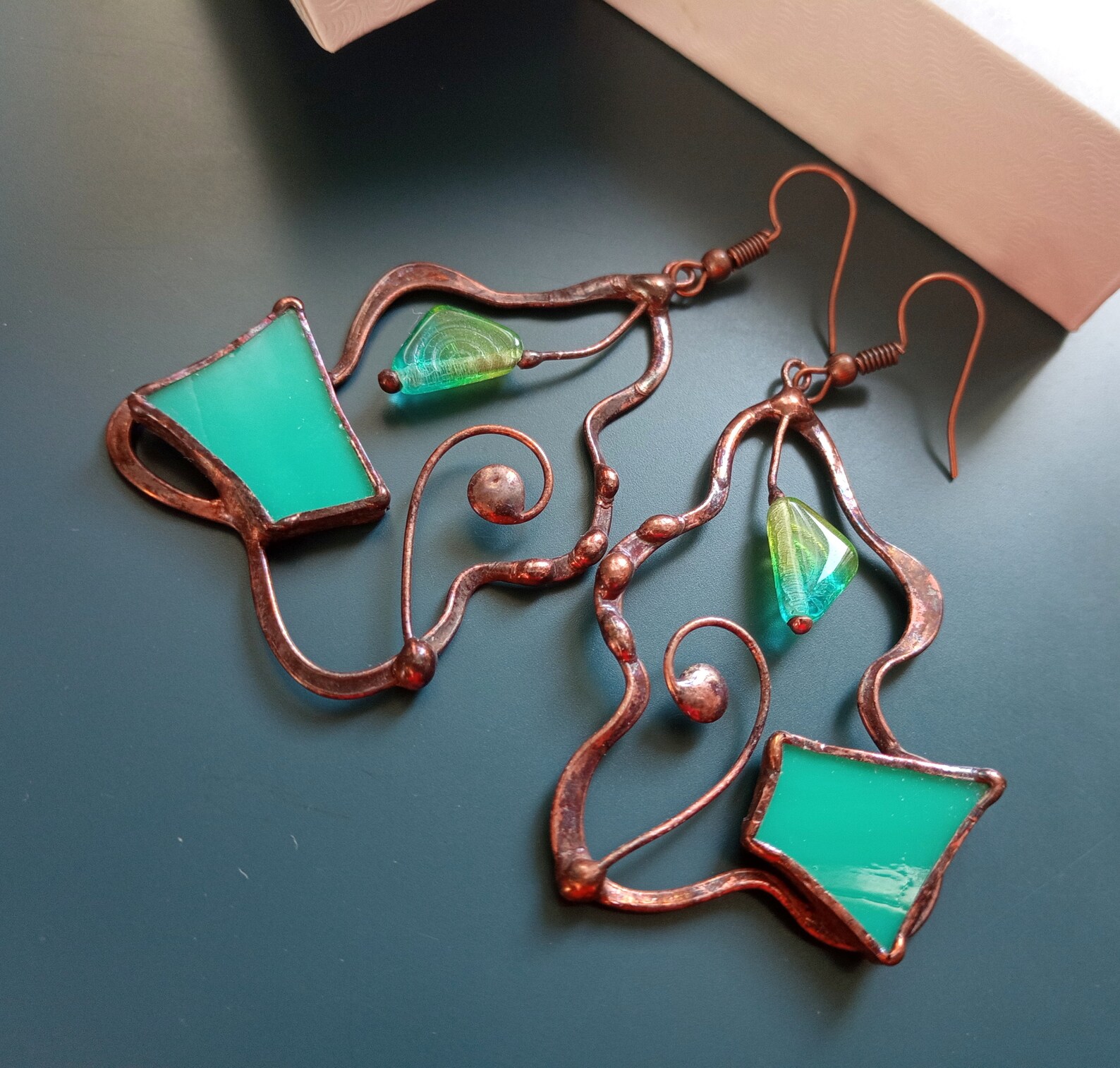 Copper Wire Earrings, Artistic Earrings, Stained Glass Jewelry ...