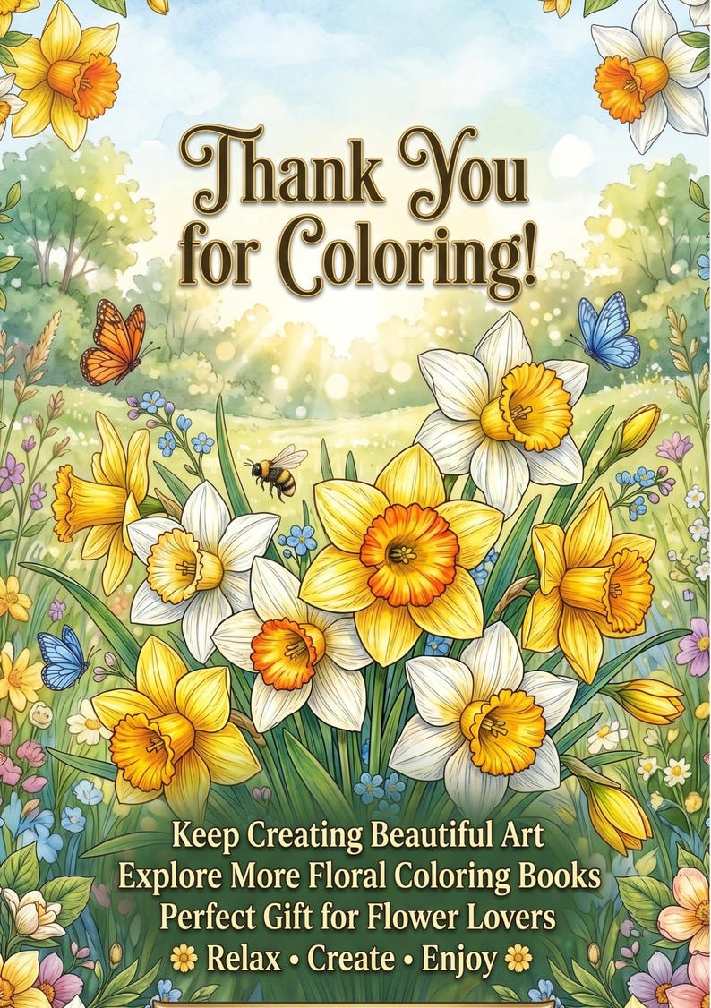 Daffodil Flower Coloring Book for Adults, Teens | Spring Floral Pages ...