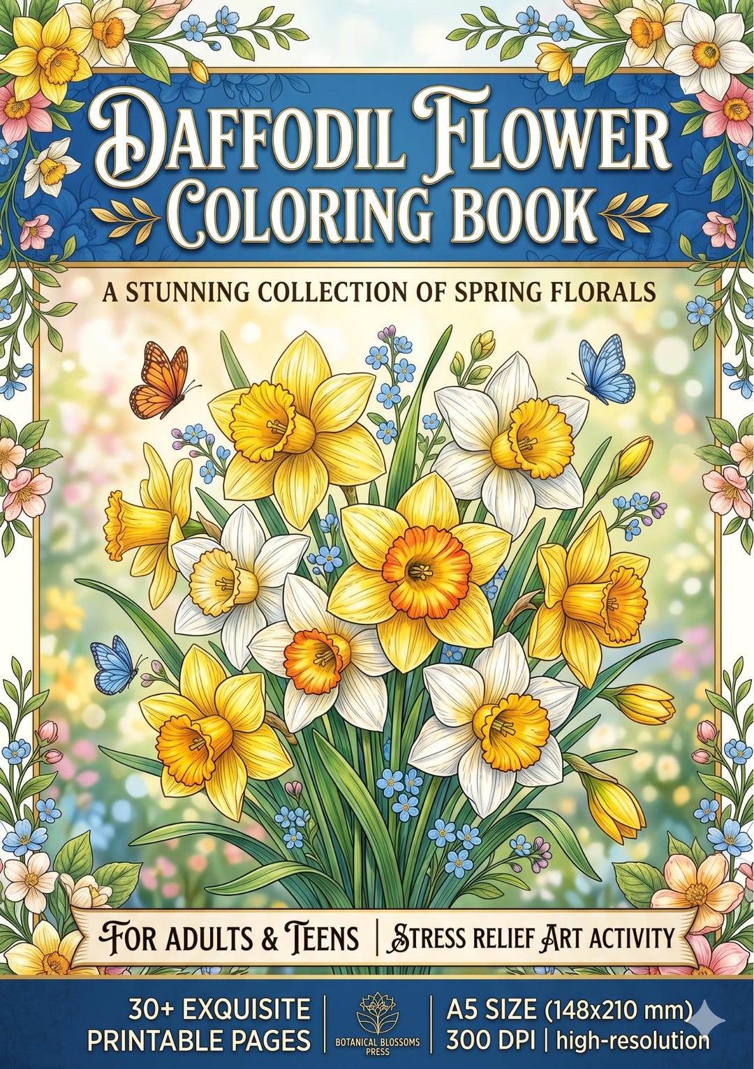 Daffodil Flower Coloring Book for Adults, Teens | Spring Floral Pages ...