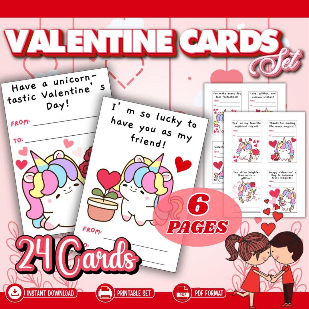 Unicorn Valentine's Day Cards Printable | Kids Classroom Valentines ...