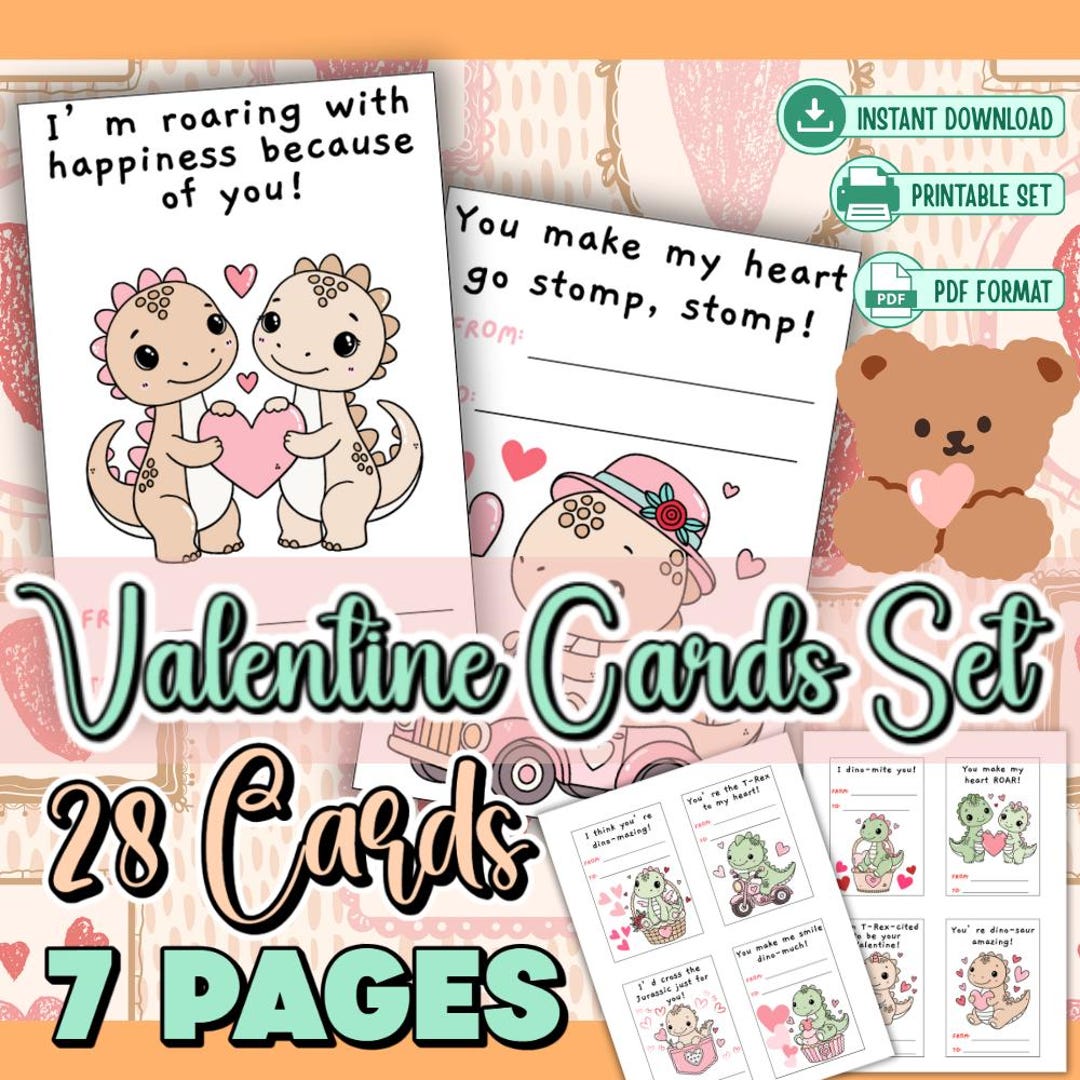 Dino Valentine's Day Cards Printable | Kids Classroom Valentines | Cute ...