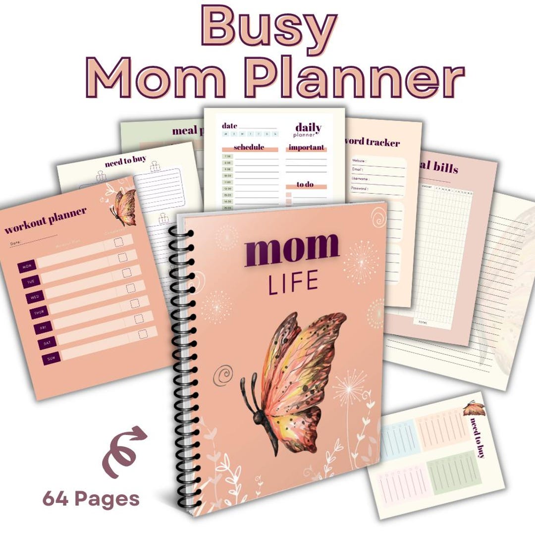 Busy Mum Planner 60+ Printable Pages, Pink Blue Butterfly Mom Planner ...