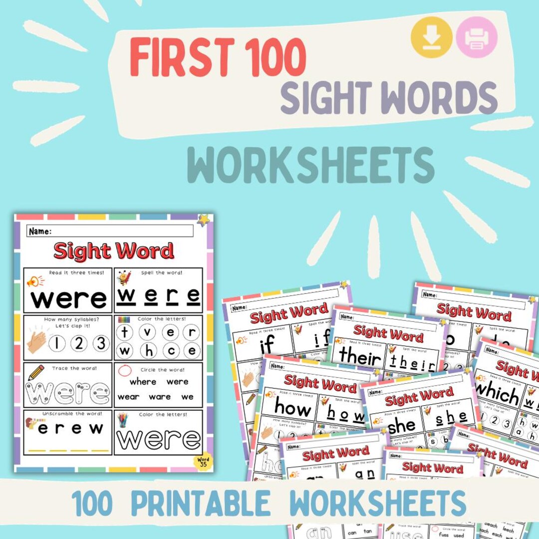 First 100 Sight Words Worksheets Teacher Printable Kindergarten ...