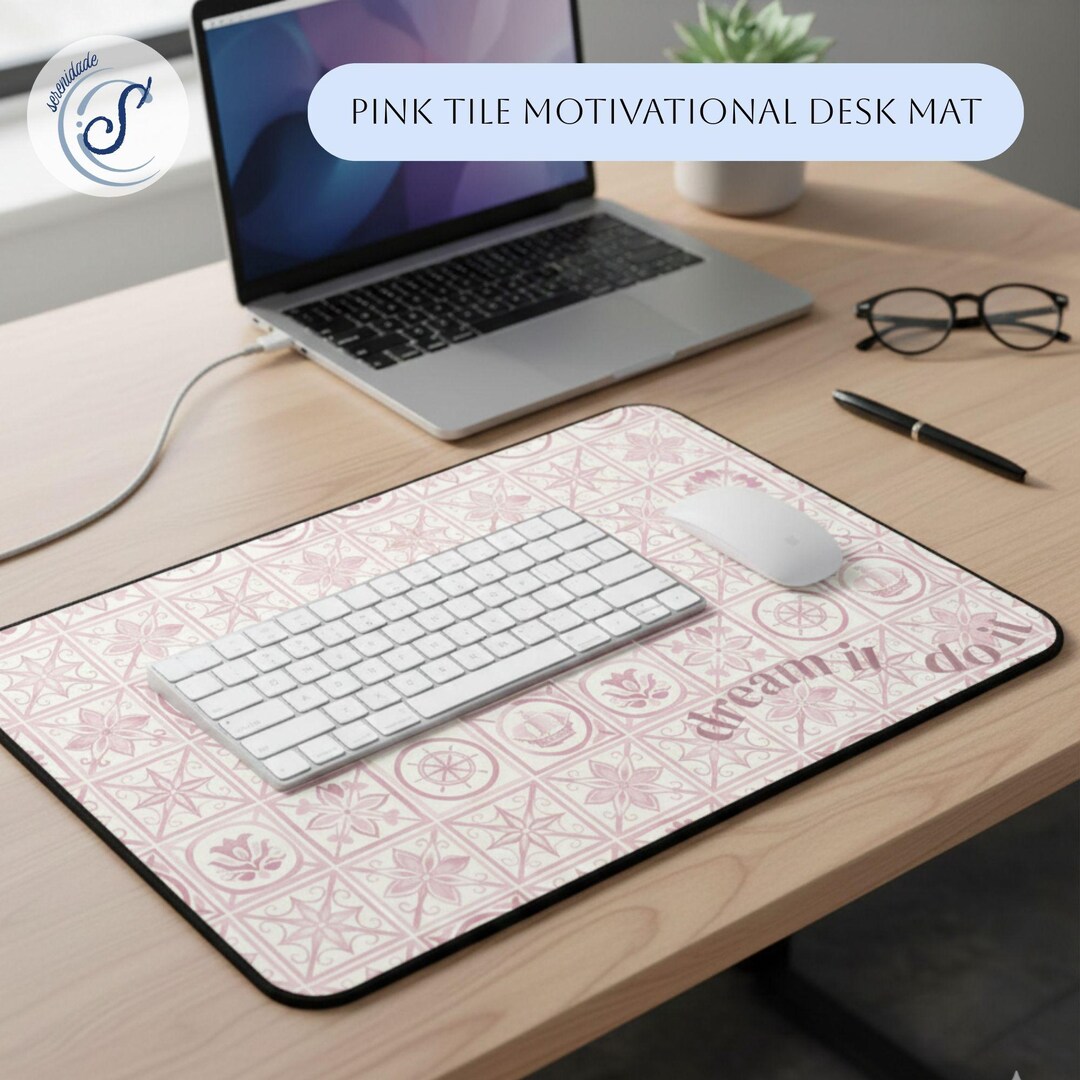 Pink Tile Pattern Desk Mat Vintage Tiles, Soft Rose Geometric Desk Pad ...