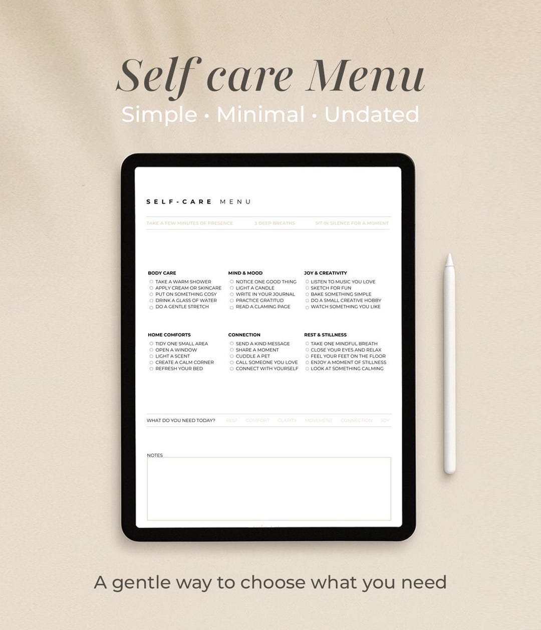 Self Care Menu Printable | Gentle Self Care Planner | Calm Notes ...