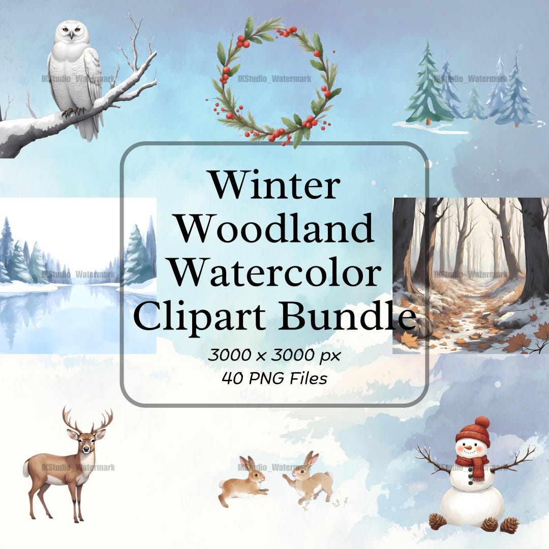 Winter Woodland Watercolor Clipart Bundle of Forest, Animals, Frozen ...