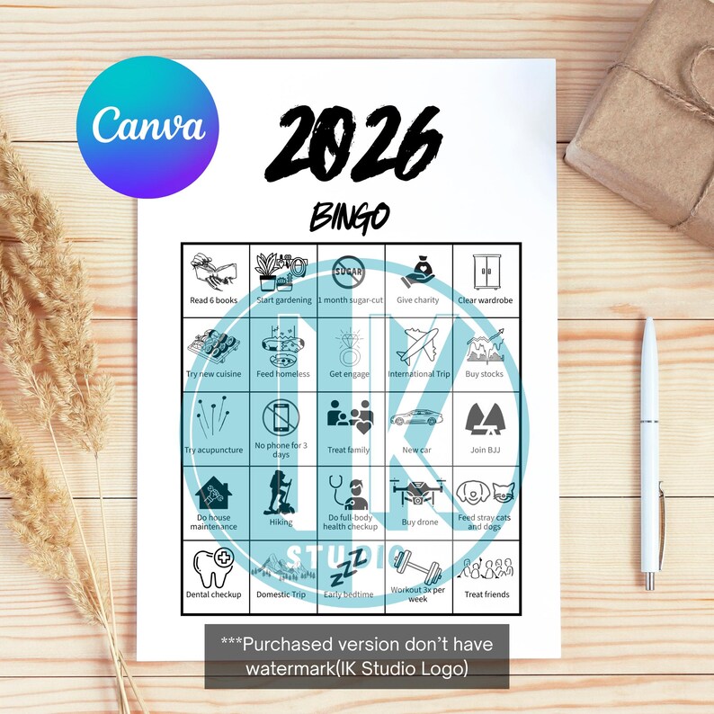 Modèle de carte de bingo 2026, édition nouvel an, toile modifiable ...