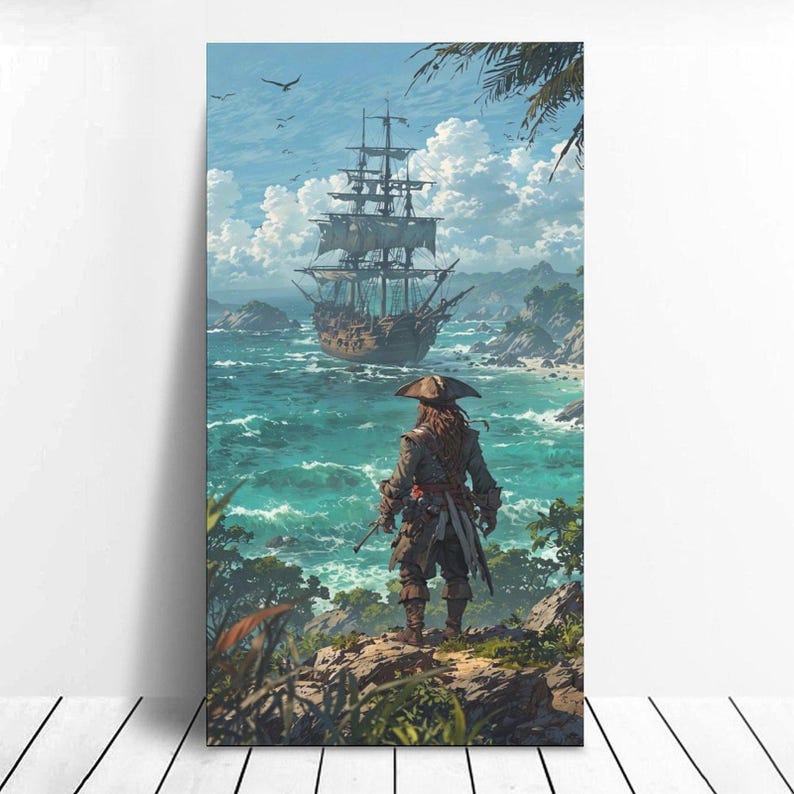 Pirate Captain and Tall Ship Digital Art Print Ocean Wall Decor ...