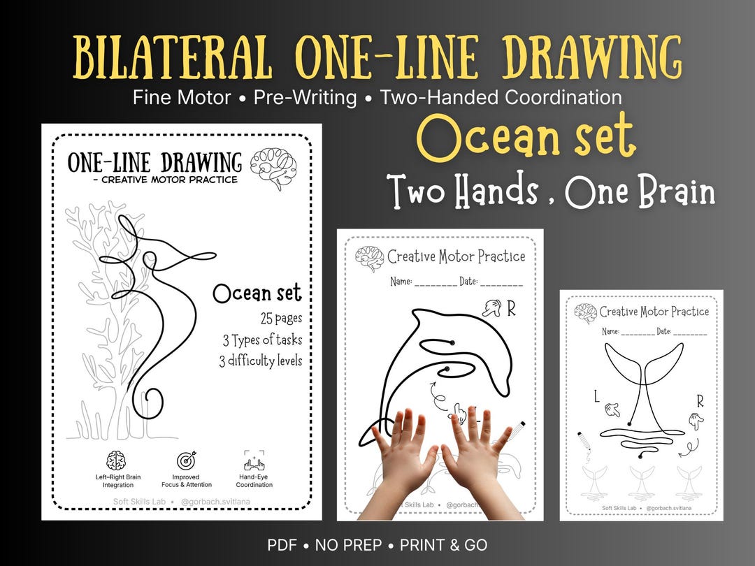Bilateral One Line Drawing Worksheets – Ocean Set, Fine Motor Skills ...