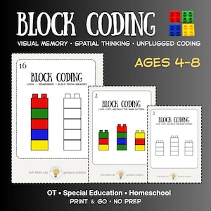 Block Coding Activities for Kids Unplugged Visual Memory and Spatial Thinking Worksheets - Etsy