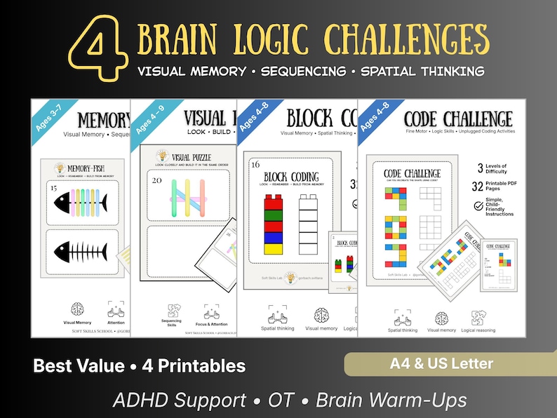 Brain Logic Printable Worksheets for Kids: Visual Memory & Coding ...