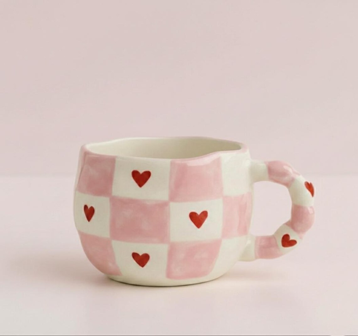 Ceramic Coffee Mug - Handmade Heart Pattern, Pink Handle Cream Cup ...