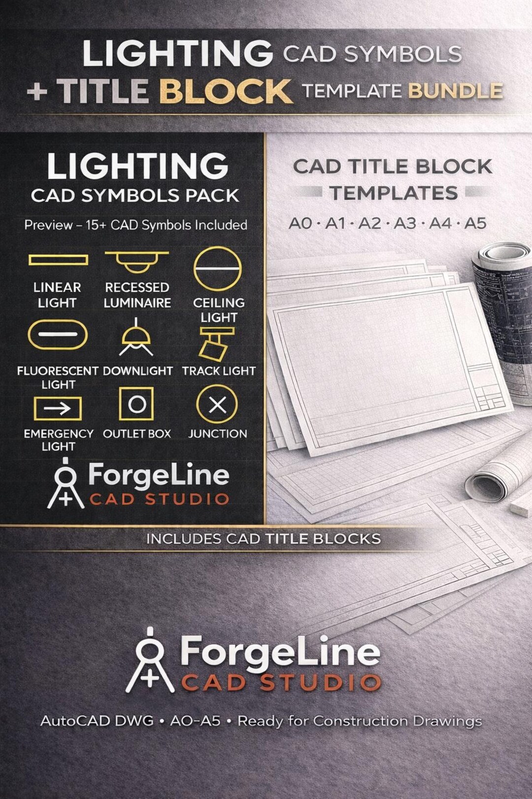 Lighting CAD Symbols + Title Block Templates | Autocad DWG - Etsy
