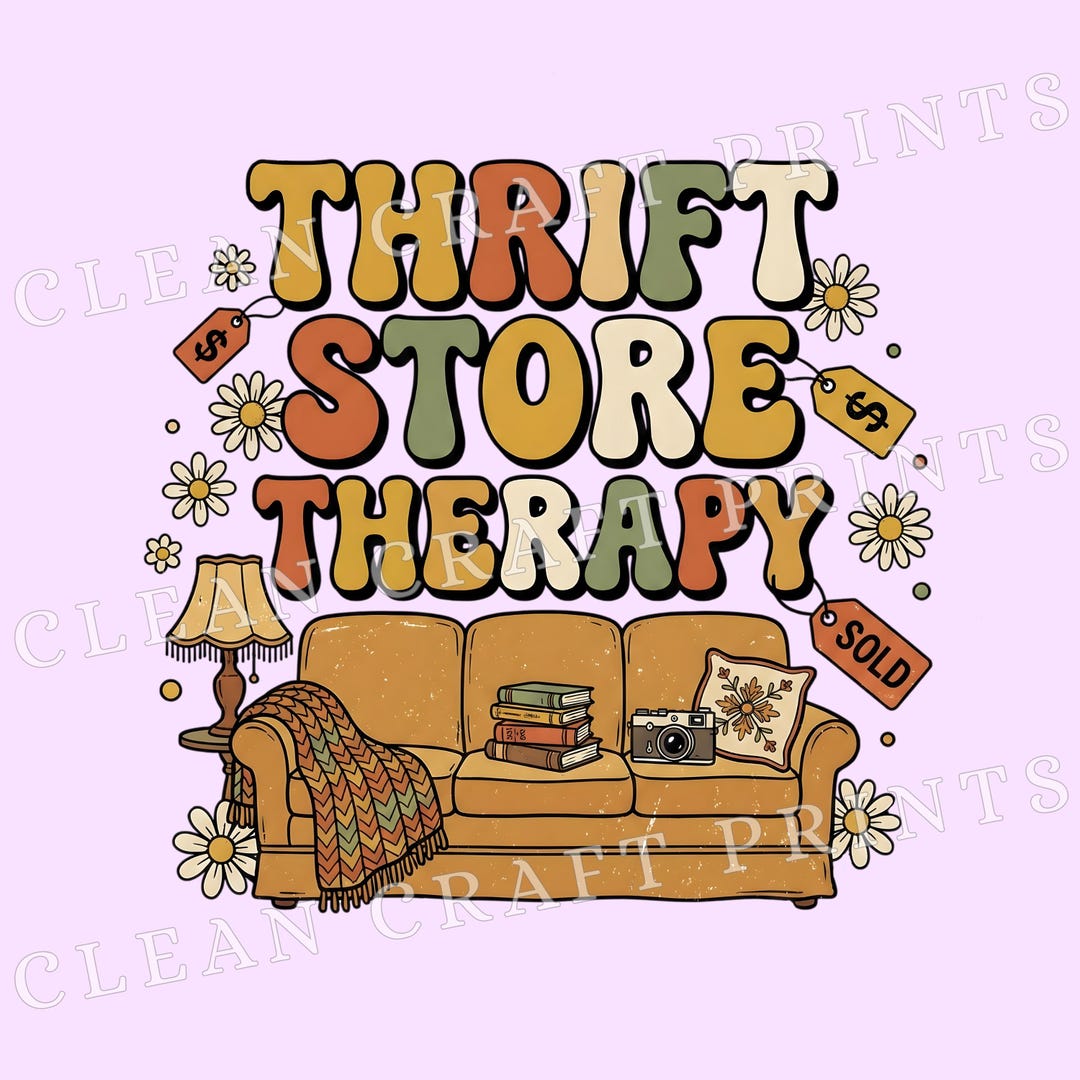 Thrift Store Therapy PNG, Retro Groovy Thrifting Shirt Design, Vintage ...