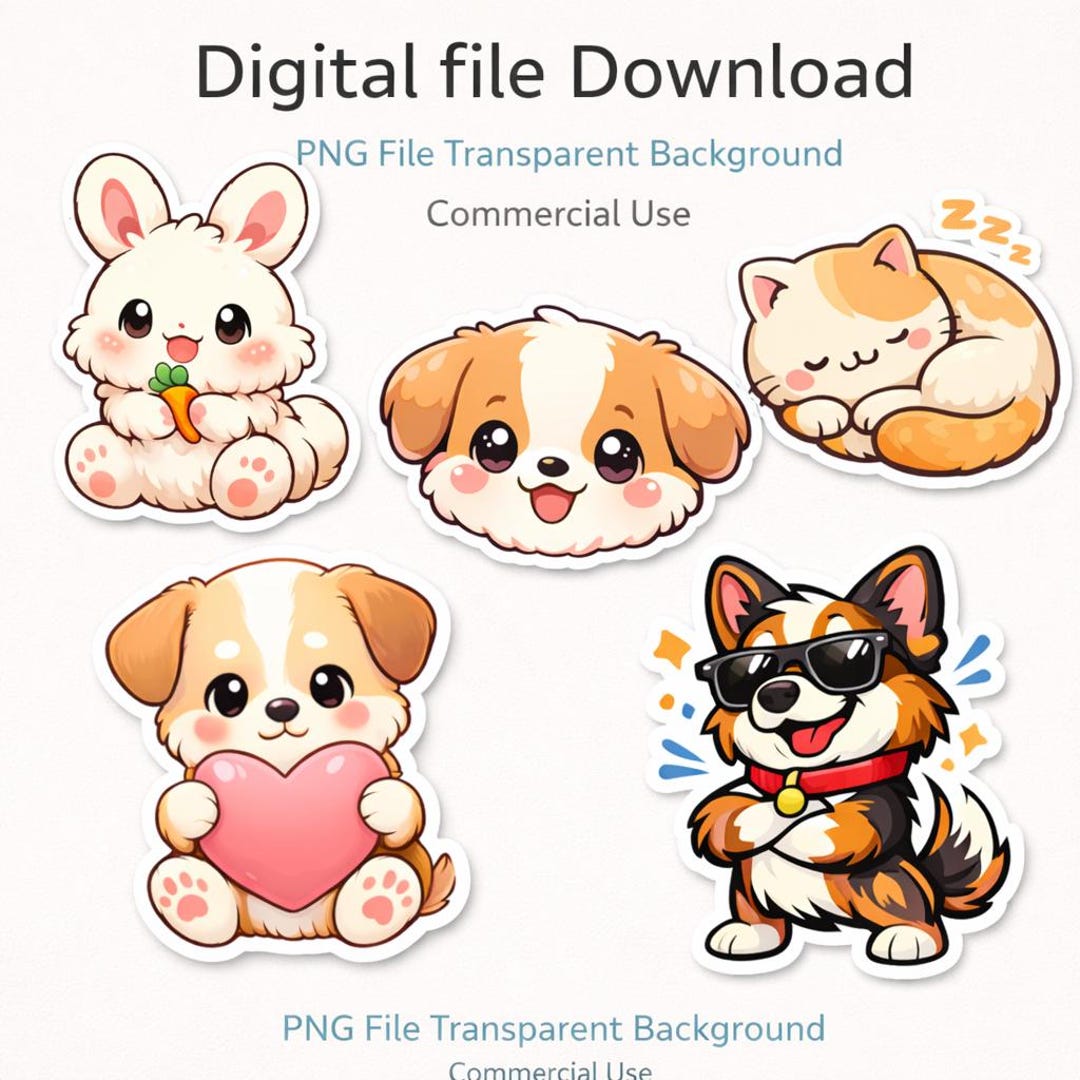 5 Cute Pet Stickers PNG Bundle | Kawaii Dog Cat Bunny Clipart ...