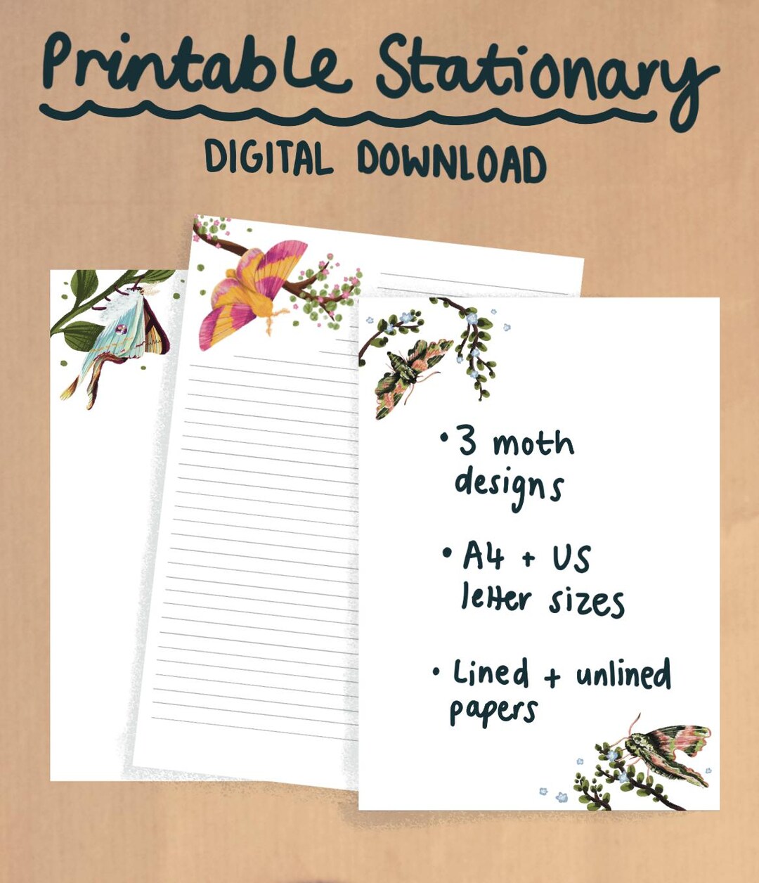 Moth Letter Writing Paper | Printable Stationery | Instant Download - Etsy