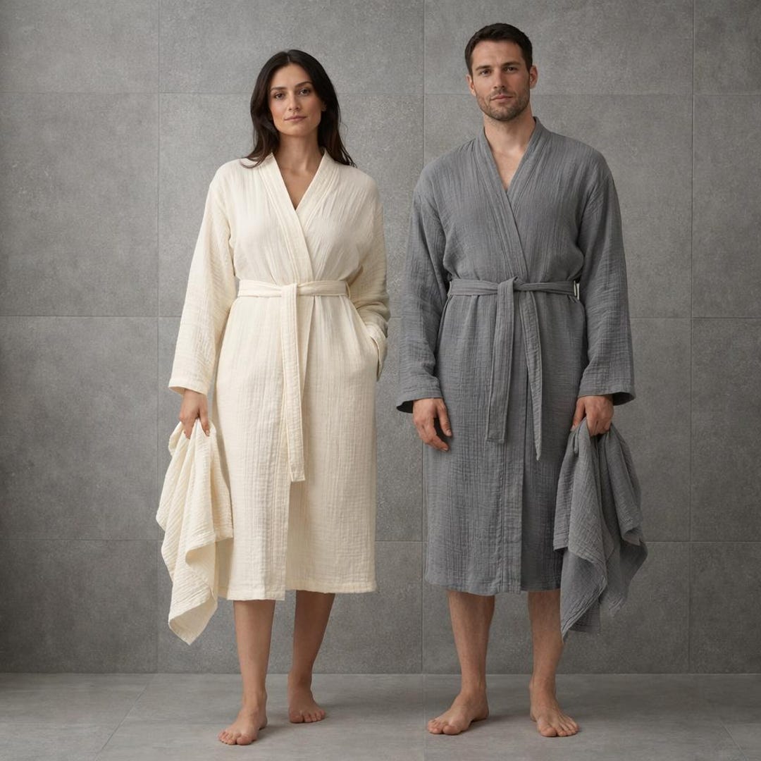 Turkish Cotton Muslin Robe Set – Matching Couple Bathrobes With Hair ...
