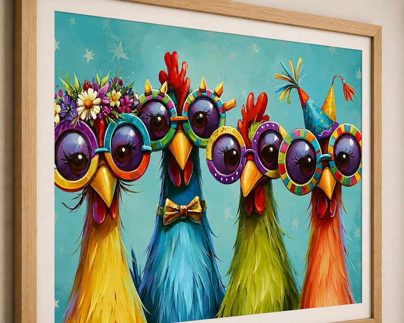 Quirky Chicken Painting Print: Funky Roosters Wall Art (digital ...
