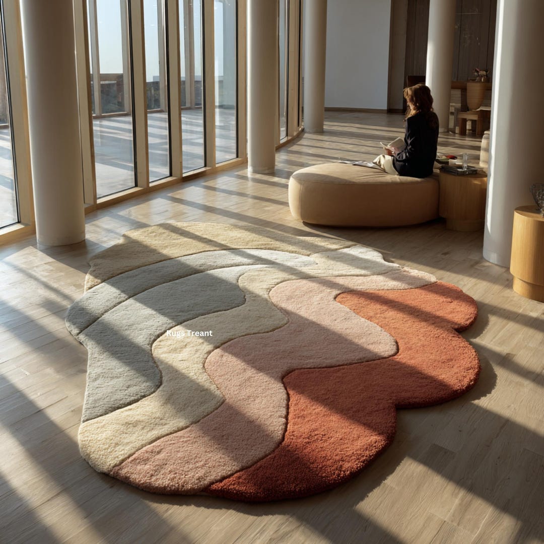 Abstract Freeform Peach Beige Rug | Modern Hand Tufted Wool Living Room ...