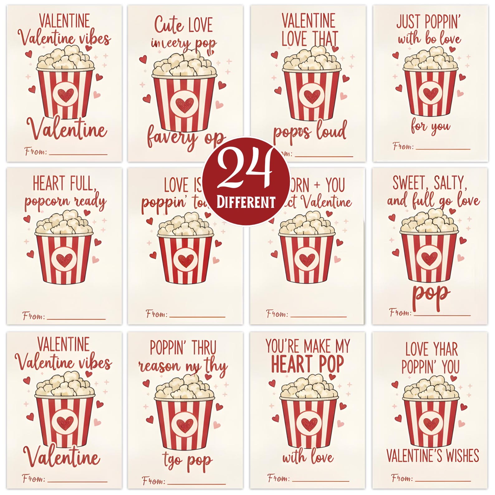 24 Popcorn Valentine’s Day Cards, Printable Valentine Cards, Poppin’ by ...