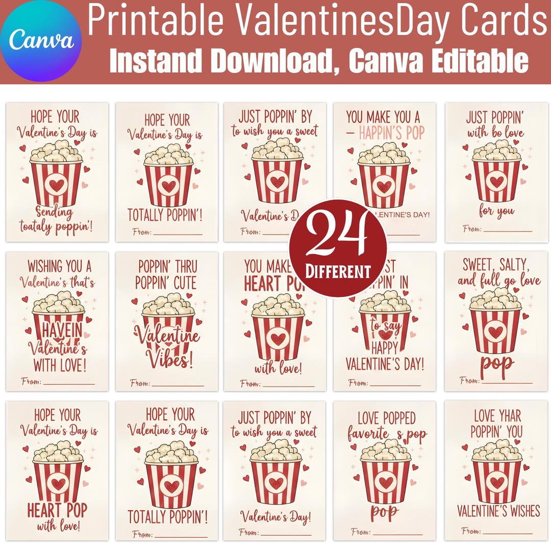 24 Popcorn Valentine’s Day Cards, Printable Valentine Cards, Poppin’ by ...