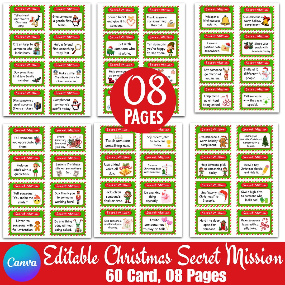 60 Christmas Secret Mission Cards, 08 Printable Christmas Kindness ...