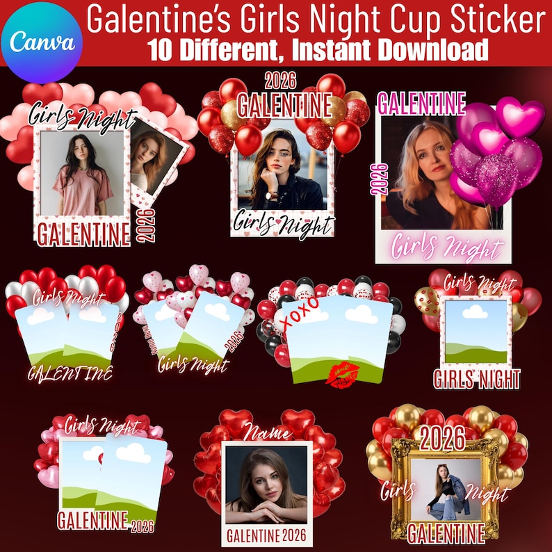 10 Galentine’s Girls Night Cup Canva Template, Shot Glass Sticker ...