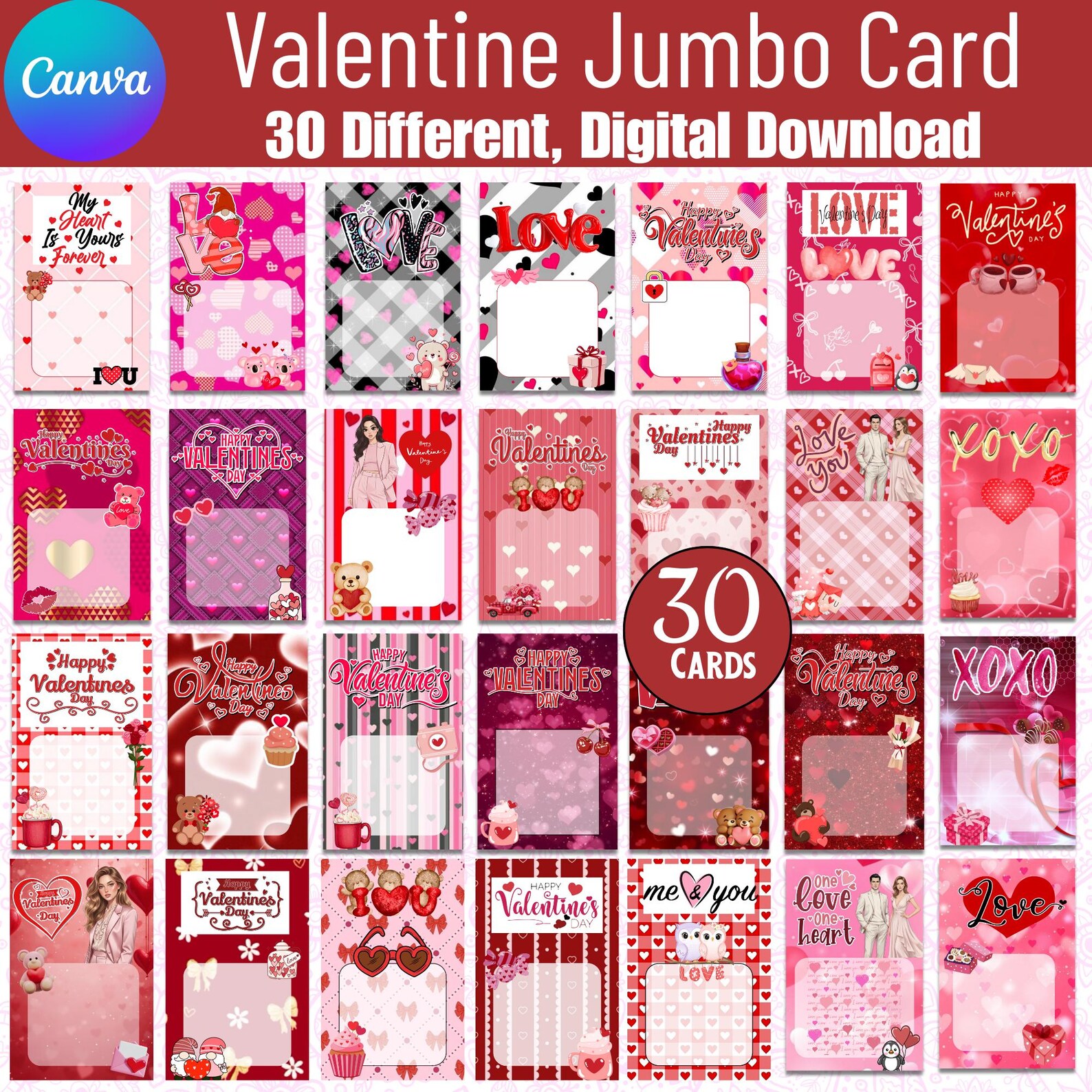 30 Valentine Jumbo Cards, Editable Canva Template, Valentine’s Day ...