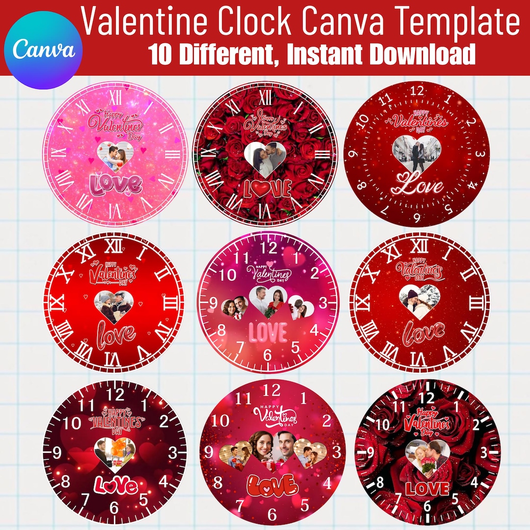 10 Valentine Clock Canva Template, Wall Clocks, Romantic Clocks, Clock ...